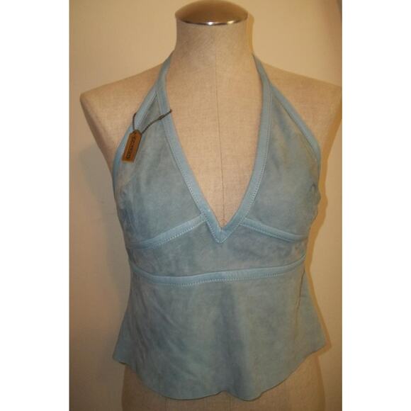 Coach | Tops | Coach Blue Suede And Leather Vneck Halter Top With ...